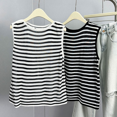 无袖百搭薄款条纹针织女