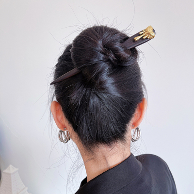 DURIAN ACC原创设计 金色水滴爱心装饰一字黑檀木大发量发簪盘发