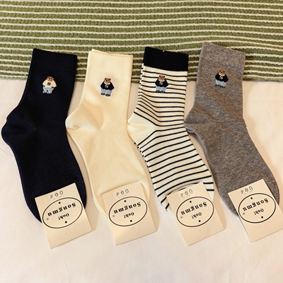 4双装 韩系品质小熊 春秋季女棉袜子中筒