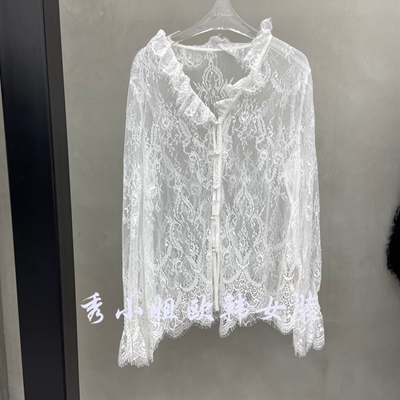 欧洲站2026春季新款百搭木耳边领蕾丝净版单排扣长袖衬衫上衣0680