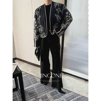 JINGONI印花黑色薄款棉衣服外套女早春新款风衣夹克短款法式宽松