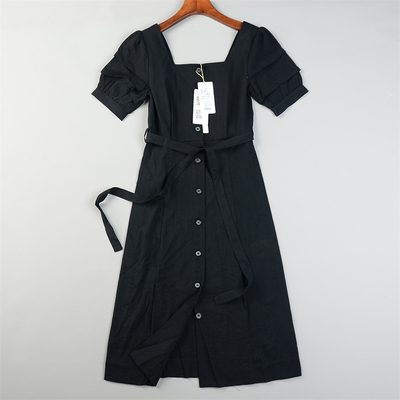 法式方领泡泡袖连衣裙L83457减龄少女感系带高收腰单排扣短袖长裙