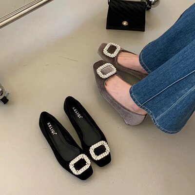 KE LI QI 法式水钻方扣浅口单鞋女2025新款平底气质通勤鞋软底鞋