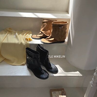 TLE MIKELIN 韩版搭扣夹趾罗马凉靴女2026夏季新款气质坡跟罗马鞋