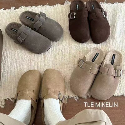 TLEMIKELIN冬日懒惰感~韩系真皮加绒厚底勃肯鞋休闲百搭包头半拖