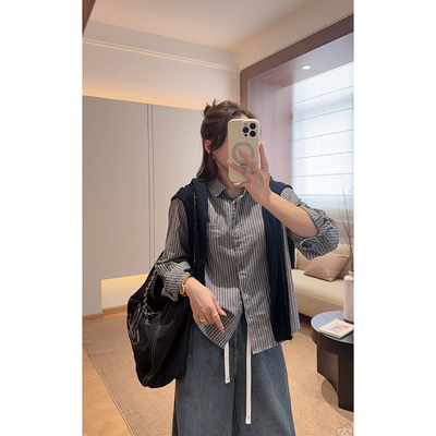 文艺小心机~韩系复古宽松100棉洋气百搭条纹衬衫长袖女新款
