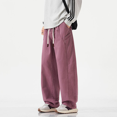 洗水棉粉色工装裤高腰阔腿休闲裤