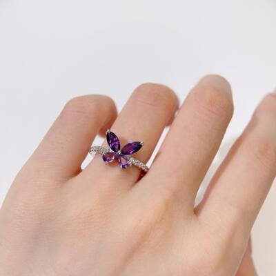 梦幻紫水晶蝴蝶结二月诞生石戒指