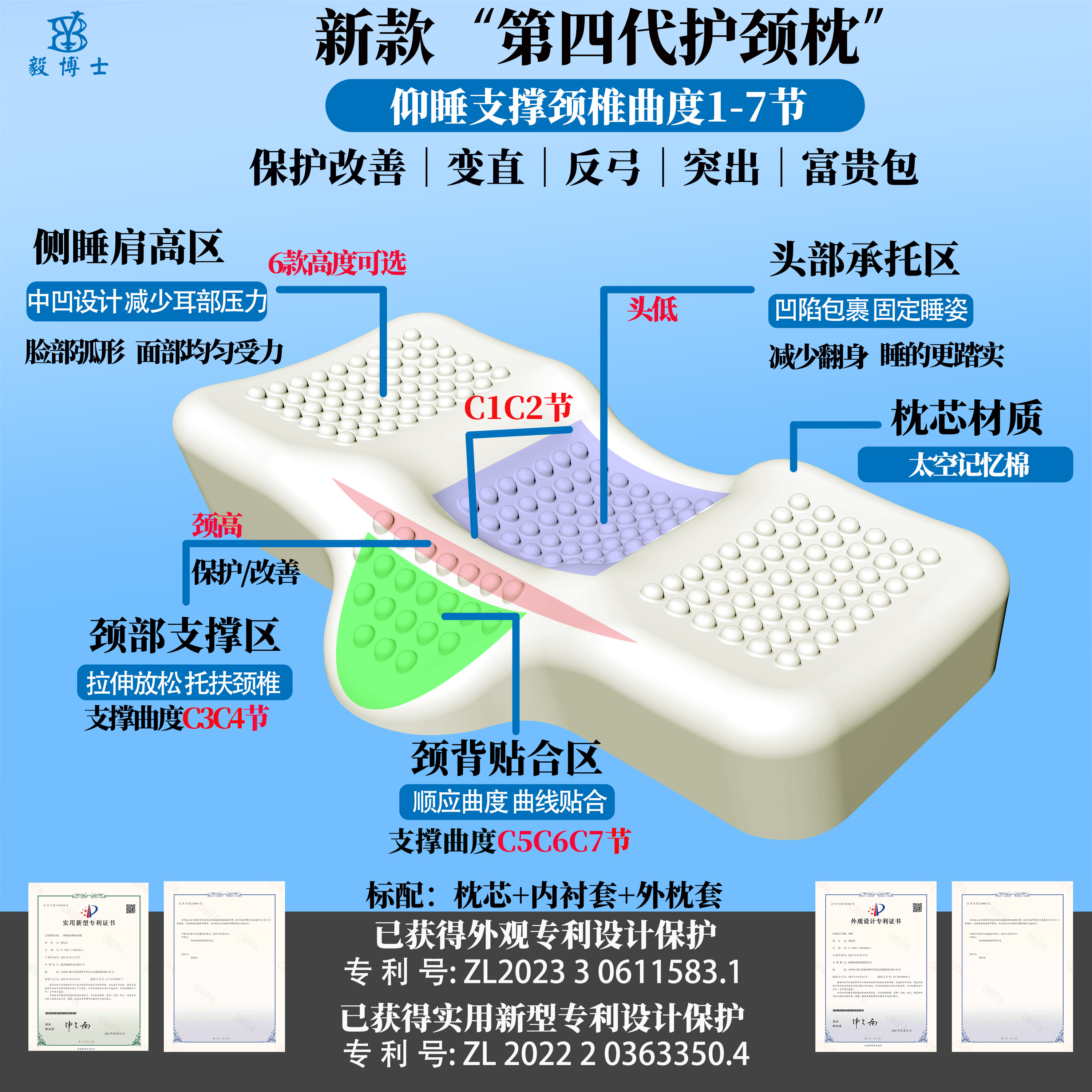 护颈枕护颈椎颈椎枕支撑枕枕头枕芯专利设计儿童学生成人低枕高枕
