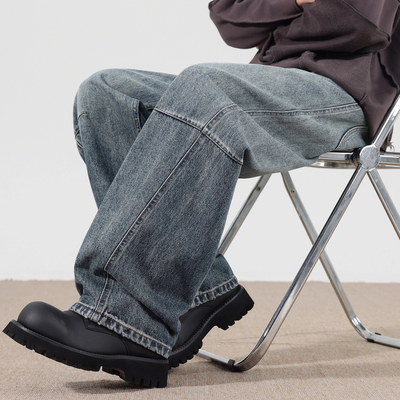 宽松复古立体弯刀牛仔裤秋冬季男士休闲美式潮流阔腿裤子