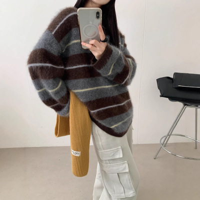 美拉德纯羊毛衫拉毛毛衣女秋冬厚条纹针织衫新款女装韩系撞色上衣