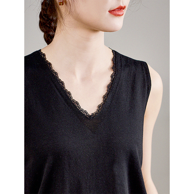 谷家 桑丝凉感精致V领内搭上衣 蕾丝花边通勤显瘦V领小背心女夏新