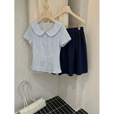 韩系学院风蓝色条纹衬衫女夏季新款短袖娃娃领荷叶边显瘦少女上衣