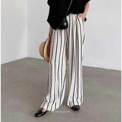 原创小众高腰夏季竖条纹长裤