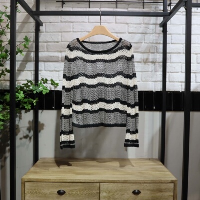 MRER莫乂义 春季新款套头圆领条纹镂空针织线衫R5A57163专柜正品