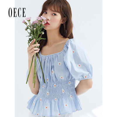 Oece夏装新款女装 清新天空蓝小雏菊显白复古小方领短袖上衣