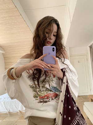 HOLDER ME 美式复古印花露肩短袖T恤女 2025新款夏季百搭显瘦5073