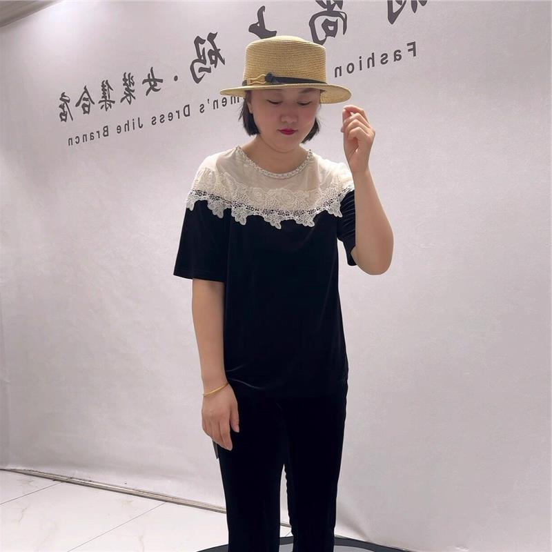 女权贵族潮流T恤6096初秋拼接丝绒衫加肥加大码女装显瘦衫上衣衫