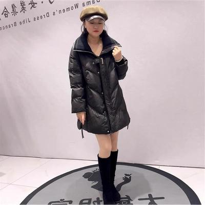 芮娜依莲2025冬季新款针织领中长棉服大码女装胖妹妹显瘦棉衣9555