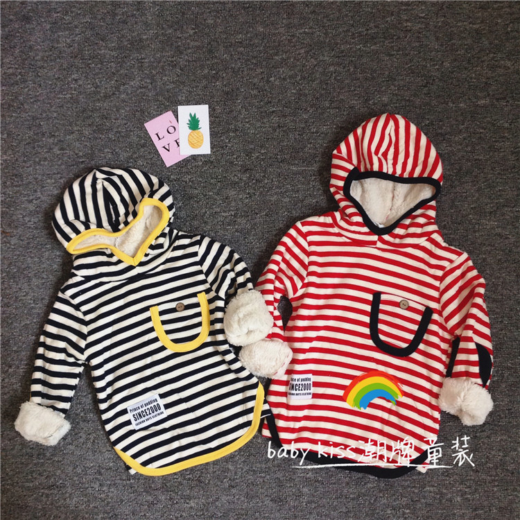 男童红条纹加绒连帽衫秋冬季Q1女宝宝加厚衣服韩版卫衣中小童绒衫