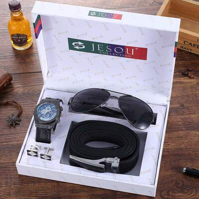 Men's gift box 4 sets, watch, belt, glasses, luxury