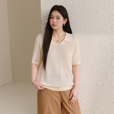 【私语】polo花边修身气质短袖针织衫纤莉秀大码女装胖mm夏装新款