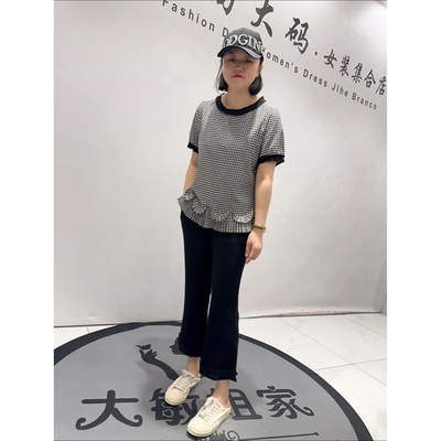 3963女权贵族2026夏新款加肥大码女装通勤立体剪裁千鸟格短袖小衫