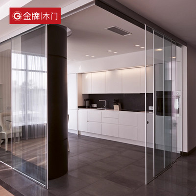 金牌厨房门铝合金开放式玻璃门伸缩隐形移门极窄吊轨三四联动移门