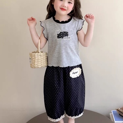女童夏季套装宝宝卡通休闲两件套1587儿童薄款时髦夏款背心九分裤