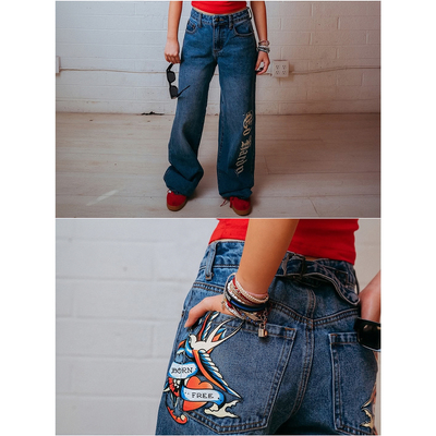 外贸原单ED鸟生自由重工阔腿宽松牛仔裤油漆印花腰可调节D2 2344