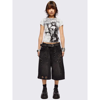 重磅镂空圆圈牛仔短裤阔腿宽松