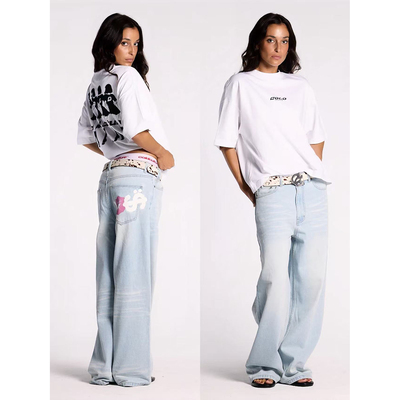 男女同款蓝色阔腿牛仔裤