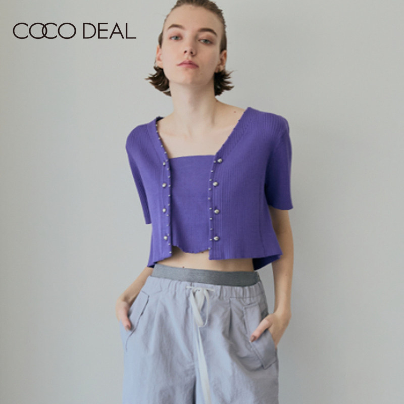 COCO DEAL 23夏季新款设计感两穿螺纹短袖毛织开衫上衣女73231401_虎窝淘