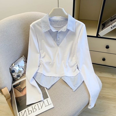 韩系时尚翻领拼接假两件长袖t恤