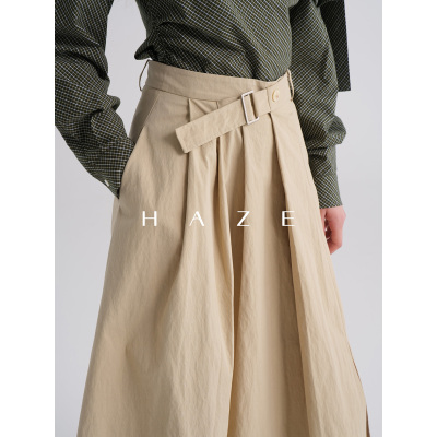 Haze禾枝 高智感穿搭高腰显瘦压褶宽松a字中长款开叉半身裙女秋