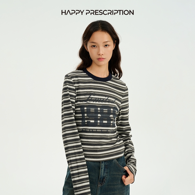 【特价】Happy Prescription 快乐药方复古数字印花1989条纹长袖