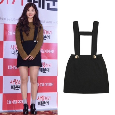 韩国金裕贞毛呢黑色背带A字短裙
