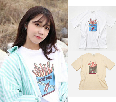 韩国正品代购折扣 APINK郑恩地同款 URAGO 薯条印花短袖纯棉T恤