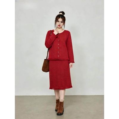 大码女装流苏针织套装2025冬胖mm