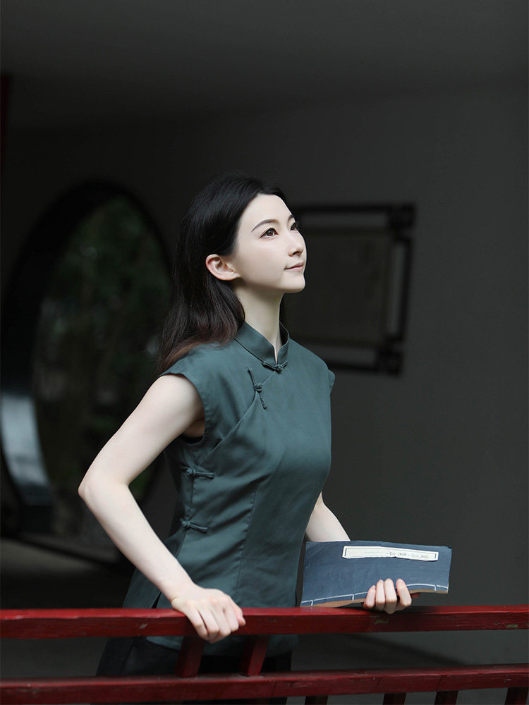 龙妙 夏季新款小连袖旗袍上衣天丝改良女服民国斜襟中式女装 墨灰