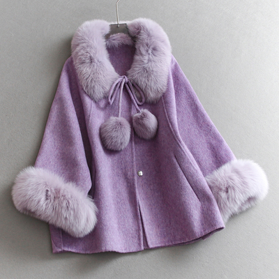 可拆卸毛领系带蝙蝠袖羊毛大衣女