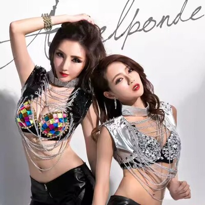 PU皮流苏亮片链条铆钉马甲演出服