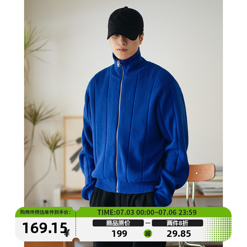 BDCT原创高领拉链毛衣男国潮秋冬街头基础宽松克莱因蓝针织开衫_虎窝淘