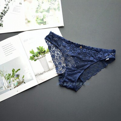 三110-180斤法国TEX宝蓝蕾丝性感中高腰女大码窄边高叉包臀三角裤