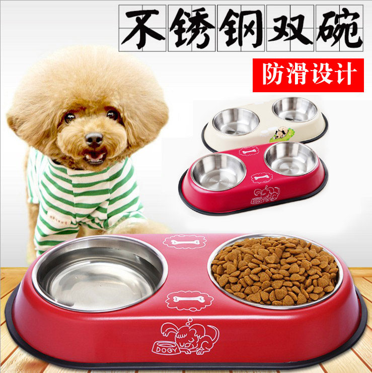 不锈钢狗碗双口狗碗宠物碗水碗食盆狗双碗防滑泰迪犬碗狗食盆