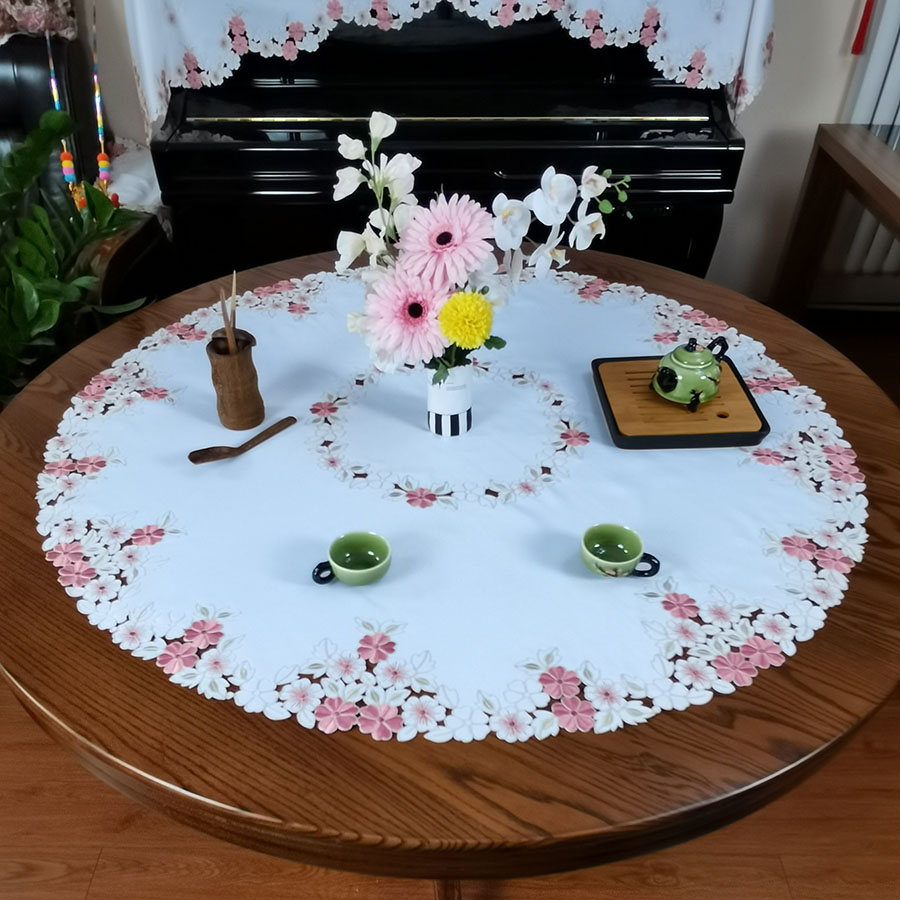 轻奢中式田园花卉大圆装饰桌布茶几盖巾布艺绣花樱花欧式圆形台布