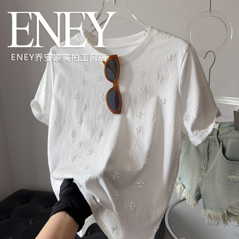 ENEY韩系镂空花卉白色短袖T恤女夏季洋气刺绣宽松百搭显瘦上衣