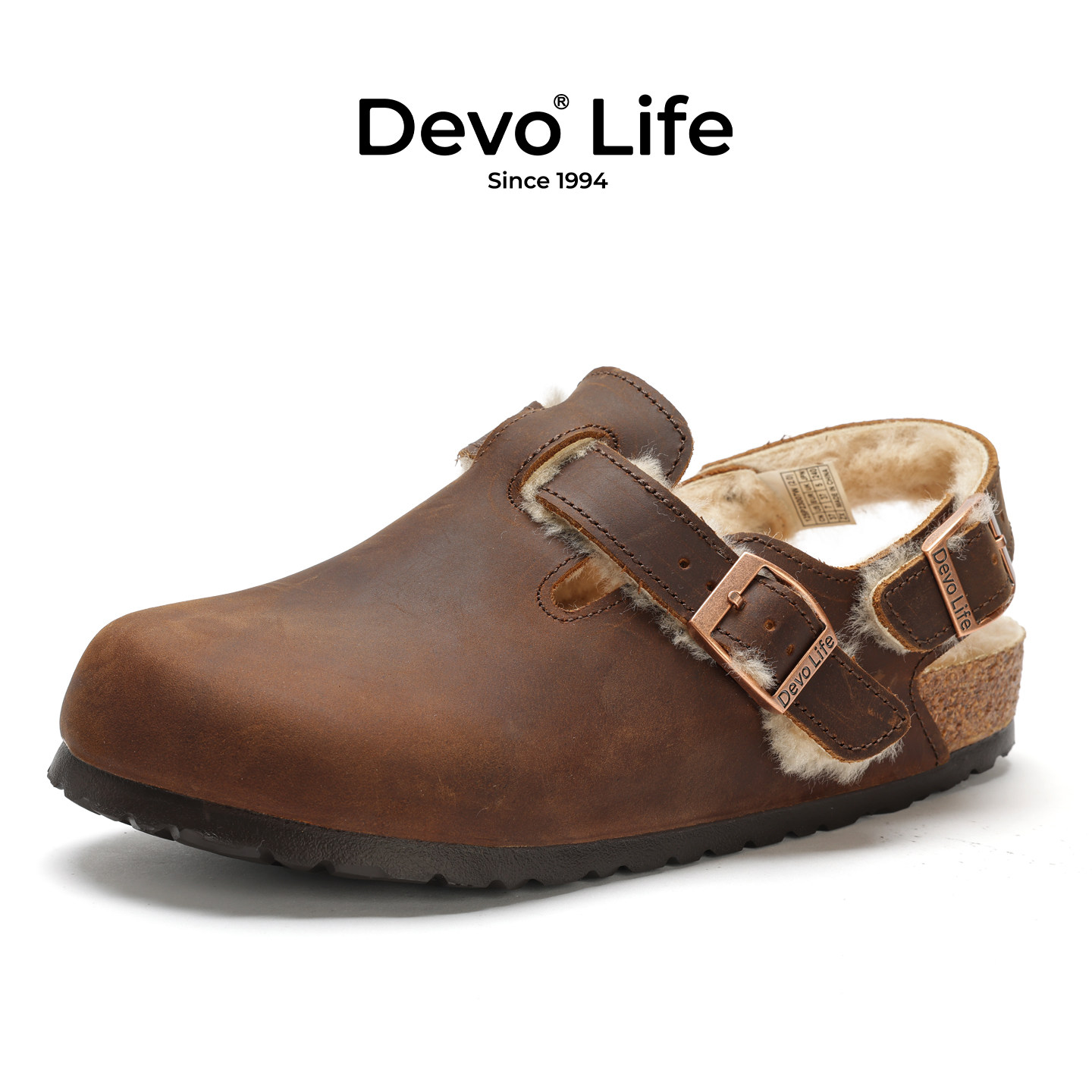 Devo/的沃软木拖鞋包头半包棉鞋加绒加毛外穿秋冬季新款女鞋23007