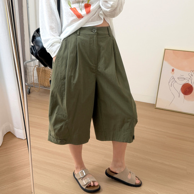 七分休闲裤女2026夏季新款美式运动风压褶设计半松紧腰弯刀工装裤