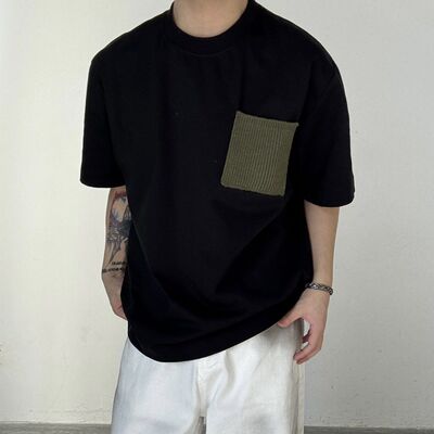 韩系纯棉针织口袋夏季圆领短袖T恤男宽松舒适五分袖潮流百搭体恤
